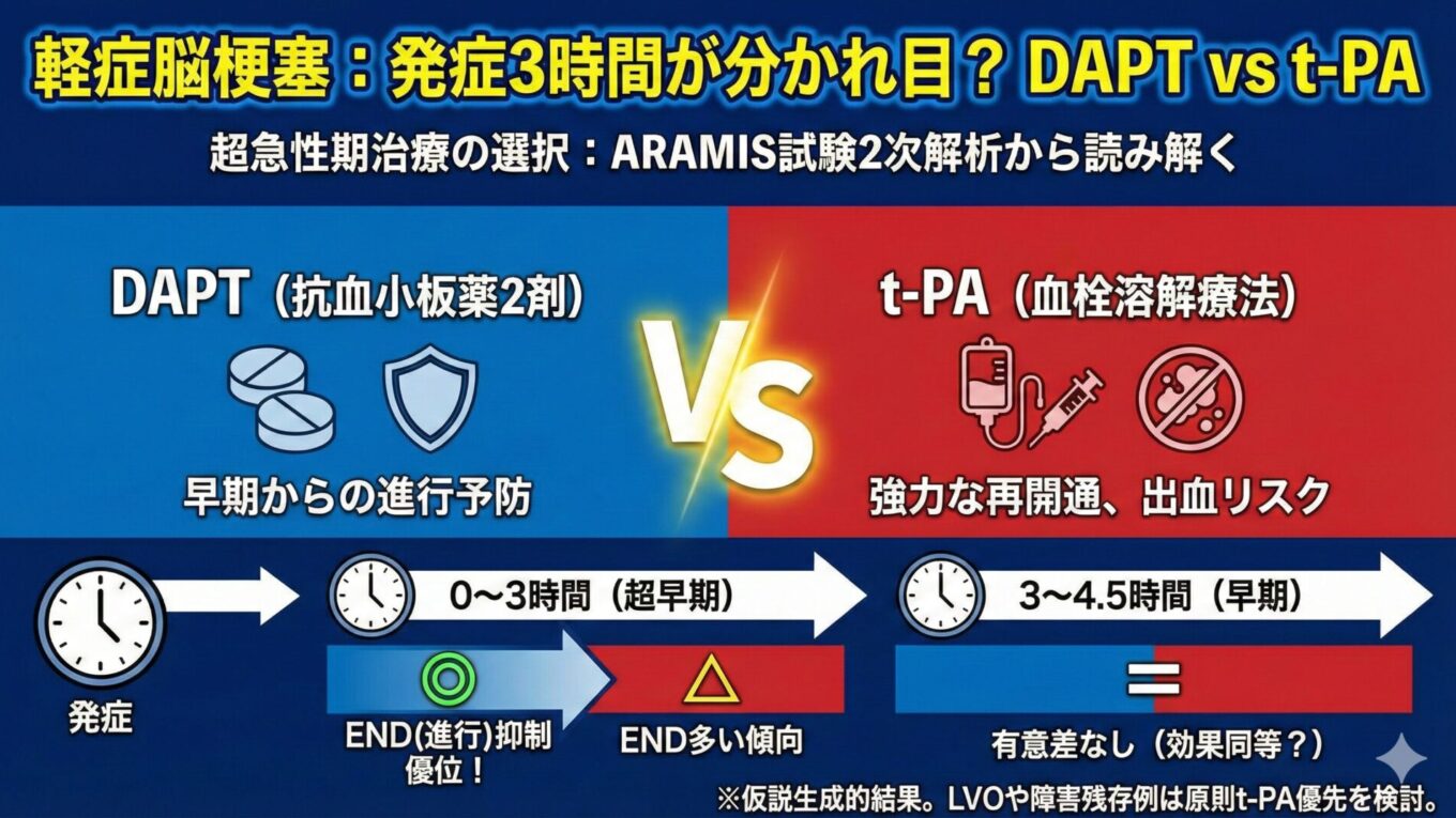 軽症脳梗塞の超急性期治療：DAPT vs t-PA、発症から治療開始までの時間は予後にどう影響するか？｜にゅ〜ろろぐ｜脳の羅針盤